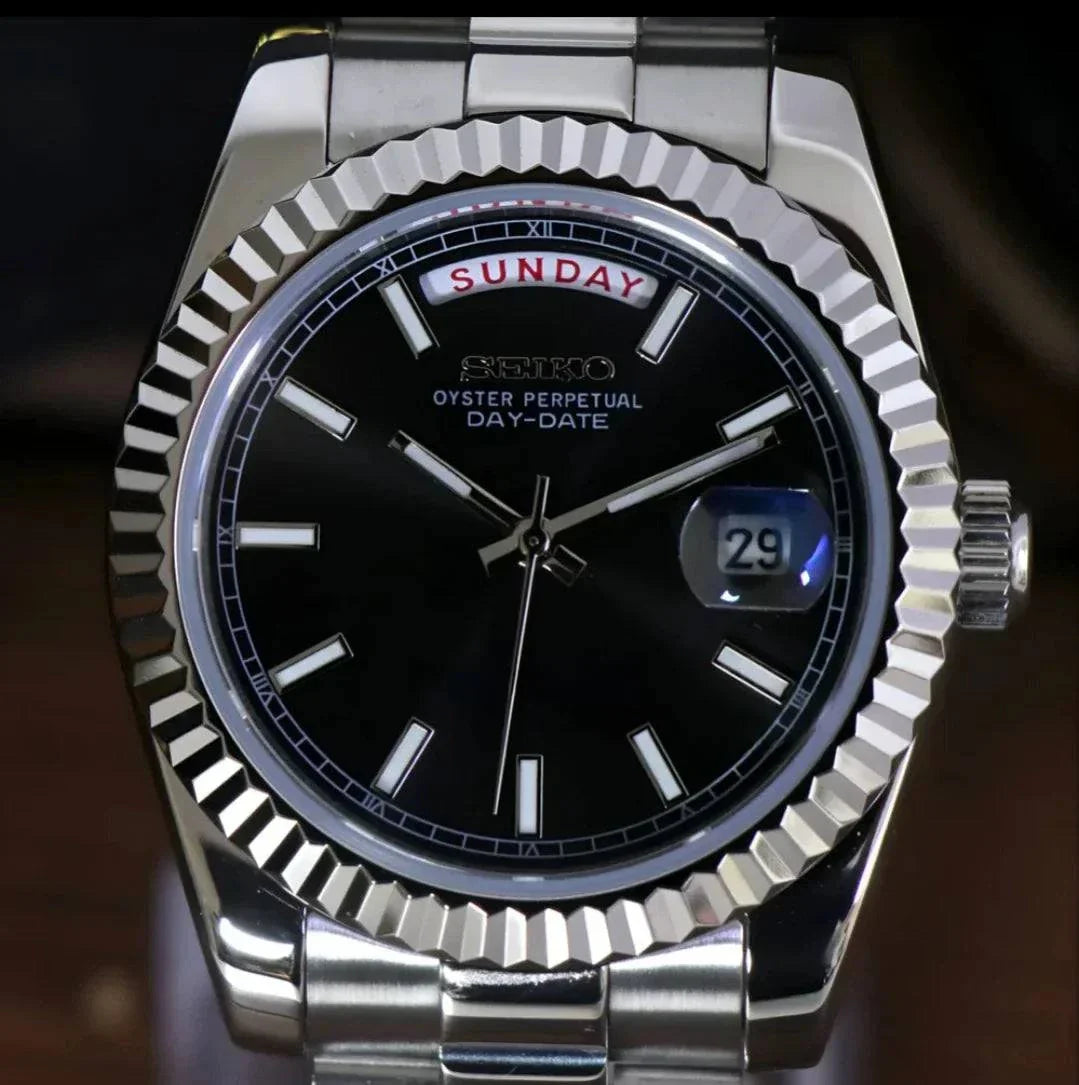 Seiko Mod Day-date Silver Green Watch - Wave Dial Mods