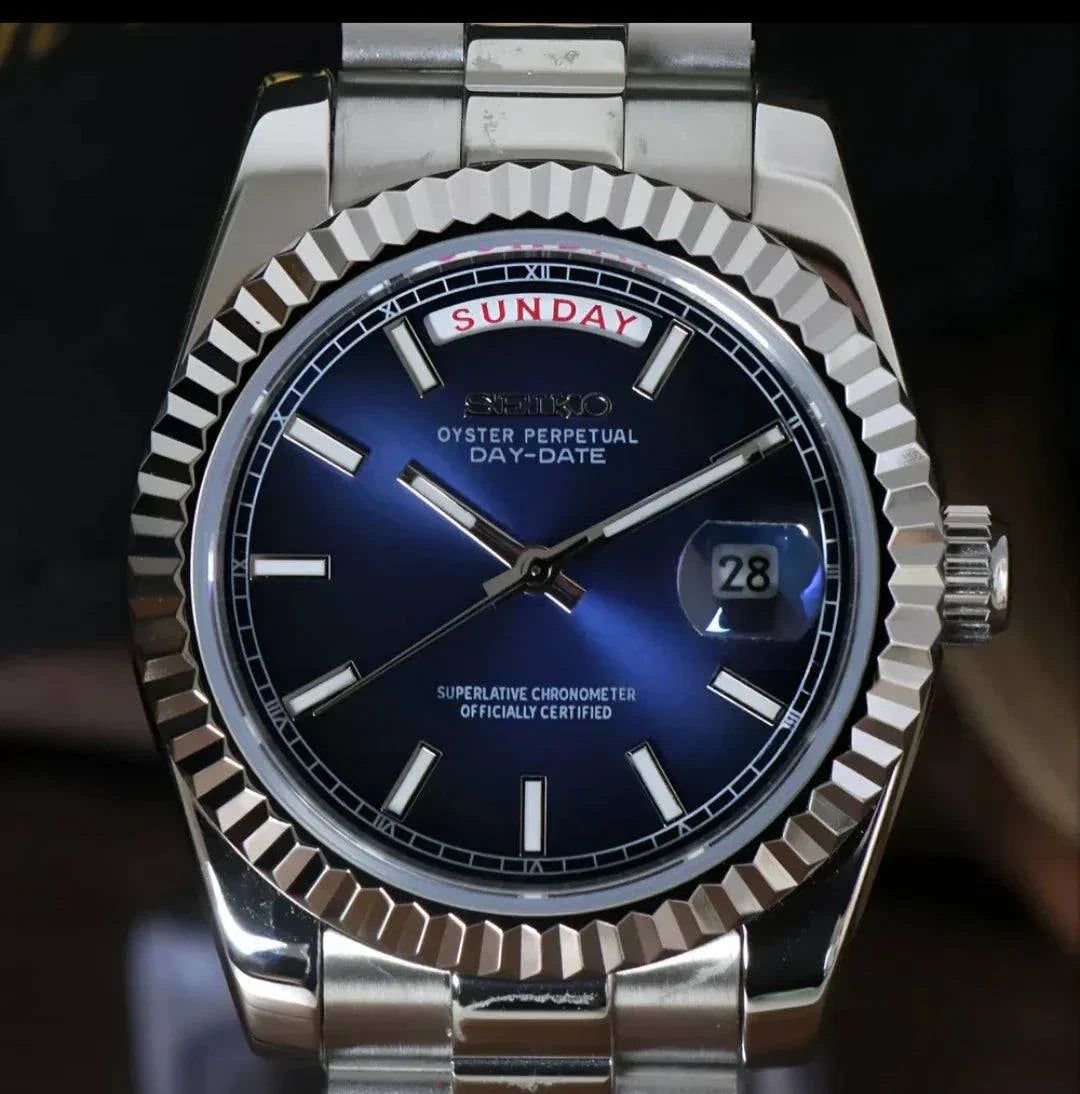 Seiko Mod Day-date Silver Green Watch - Wave Dial Mods